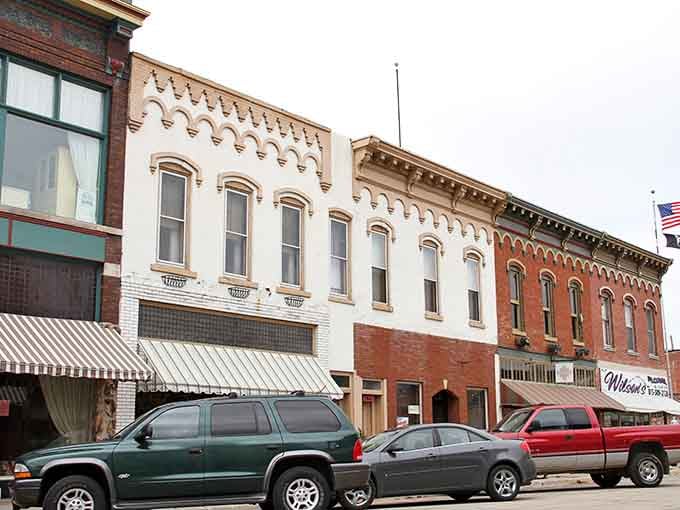 Historic storefronts line Fulton's downtown, where ornate brickwork whispers tales of prosperous river town days gone by.