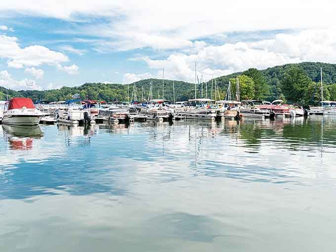 The marina at Claytor Lake looks like a postcard that somehow became real life and better.