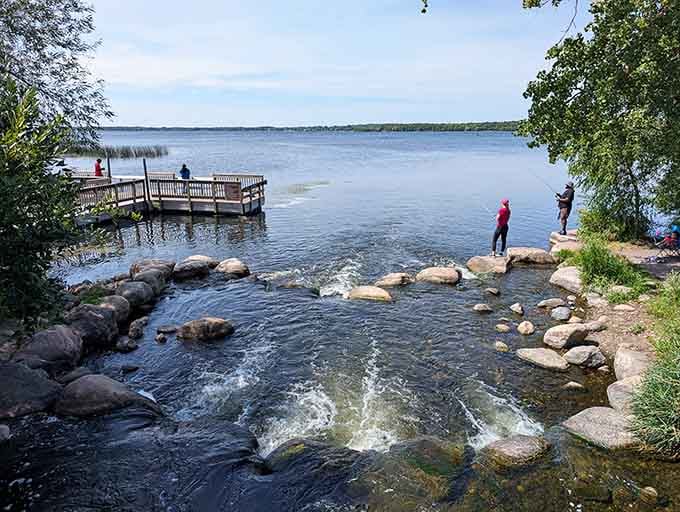 The fishing dock stretches into Big Cormorant Lake, inviting you to cast your worries away with your line.
