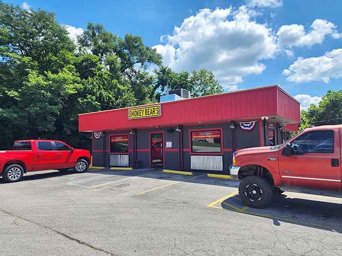 The trucks in the parking lot aren't coincidental; working folks know where to find the best barbecue in town.