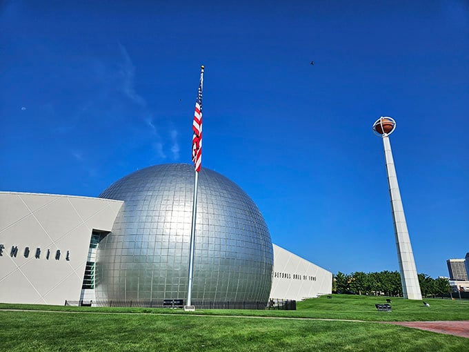 That gleaming metallic sphere rising against the blue sky isn't a spaceship, it's basketball heaven on earth.