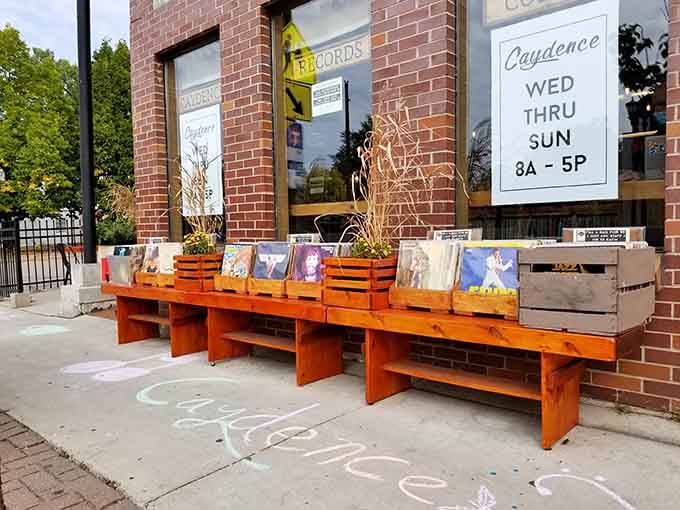 Even the sidewalk display invites you to browse vinyl outdoors, turning West 7th Street into an impromptu record fair.