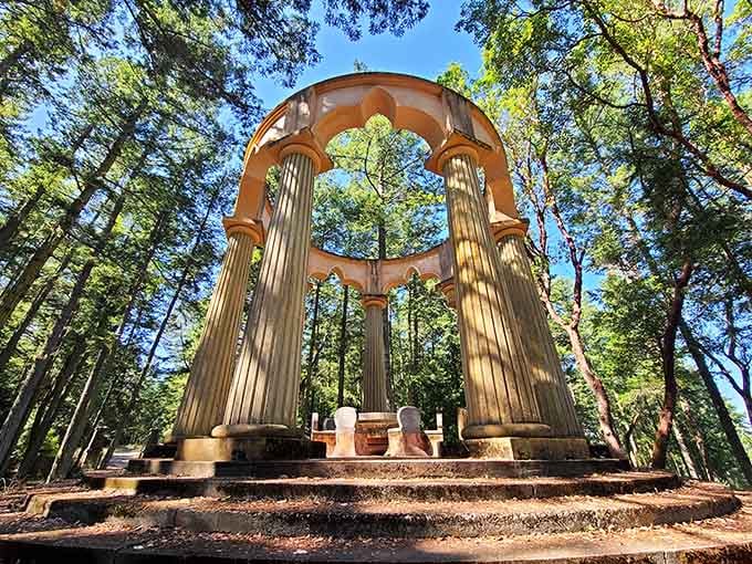 Classical columns rising through Pacific Northwest forest? Now that's what we call architectural confidence with a view.