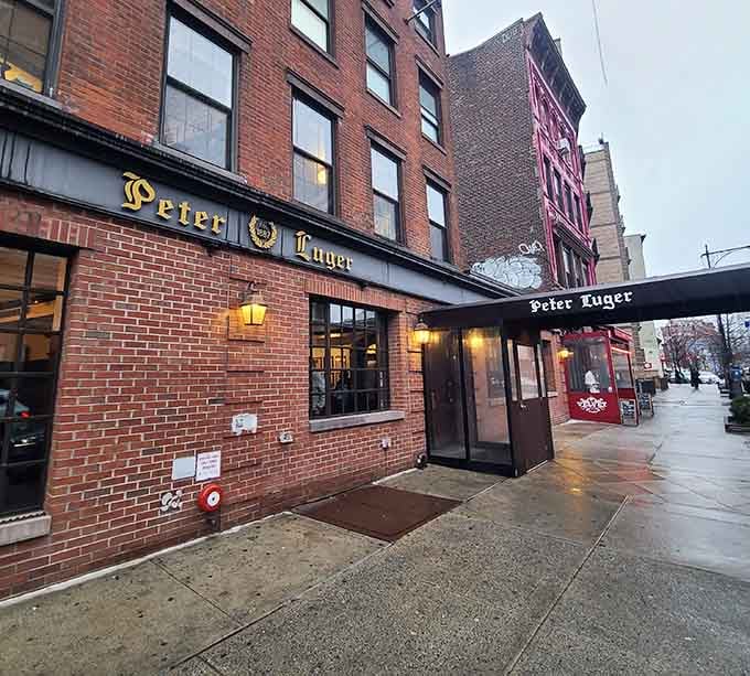 The entrance to Peter Luger beckons like a portal to carnivorous paradise in Williamsburg's heart.