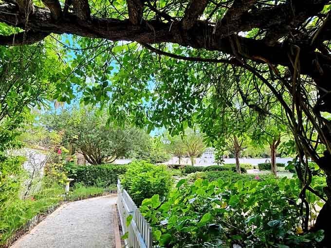 Shaded pathways wind through lush greenery, proving paradise doesn't always require a plane ticket or passport.