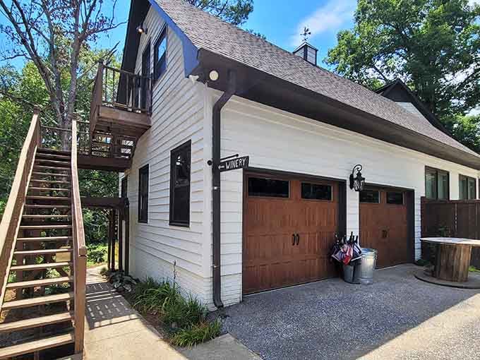 Where rustic charm meets wine country elegance, complete with stairs leading to unexpected delights above.