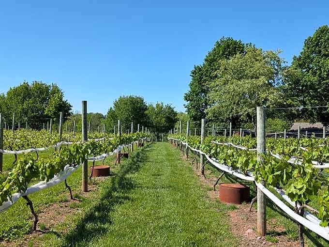 Those perfectly manicured vineyard rows stretch toward the horizon like nature's own cathedral of future wine bottles.