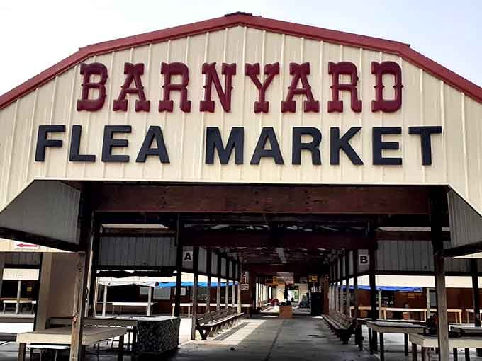That barn-style entrance promises treasures inside, like a portal to bargain hunter paradise waiting to be explored.