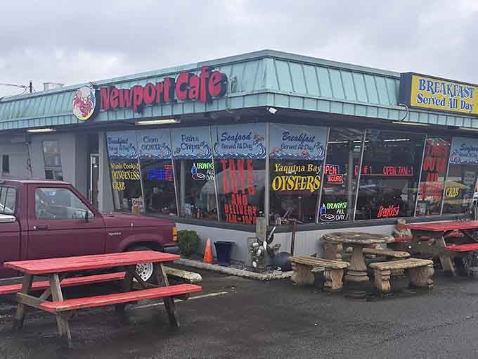 That turquoise metal roof and those bold neon signs aren't just decoration, they're a promise of serious comfort food ahead.