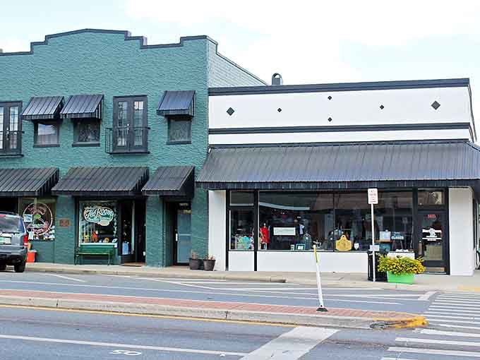 That turquoise storefront pops like a vintage postcard, proving small-town charm never goes out of style.