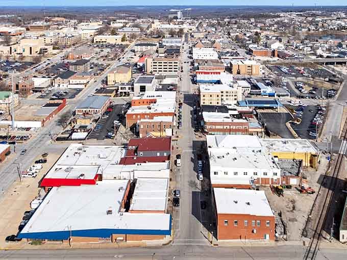 From above, Rolla's downtown reveals its charming mix of historic brick buildings and genuine small-town character.