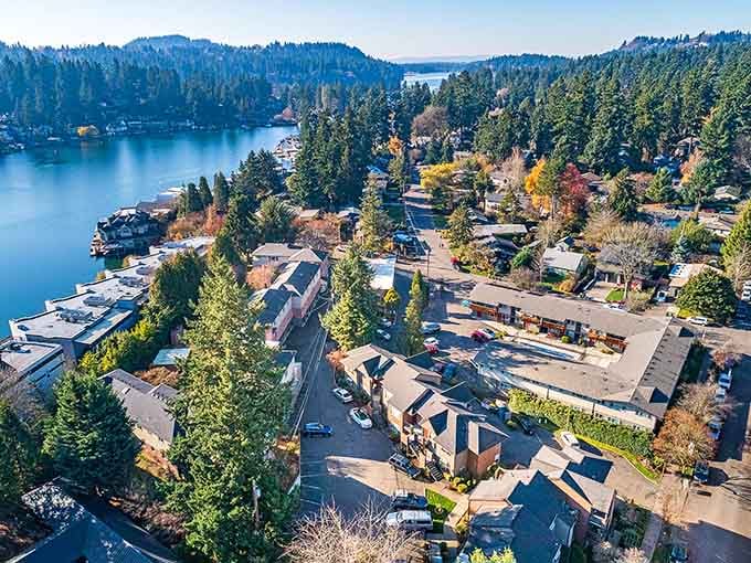 This aerial view reveals why Lake Oswego feels like a secret Swiss village hiding in Oregon's backyard.