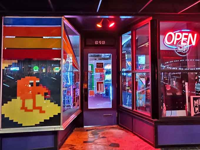 The neon-lit entrance promises exactly what's inside: pure, unfiltered nostalgia with a side of cold beverages.