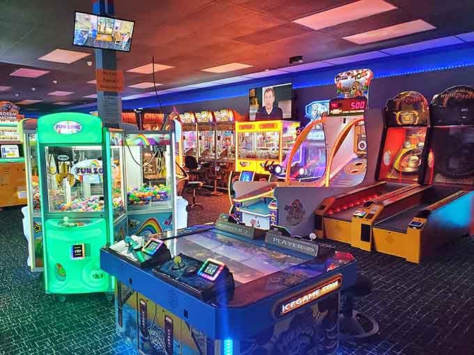 Rows of colorful games beckon like a carnival midway, promising tickets, prizes, and pure nostalgic joy.