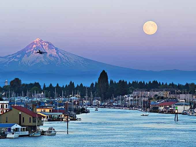 When Mount Hood and a full moon photobomb your marina shot, you just accept the gift from nature.