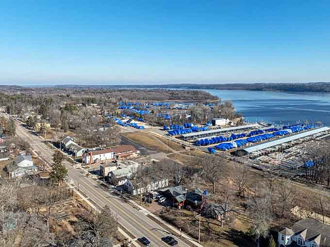 From above, Afton spreads along the St. Croix like a postcard that forgot to exaggerate anything.