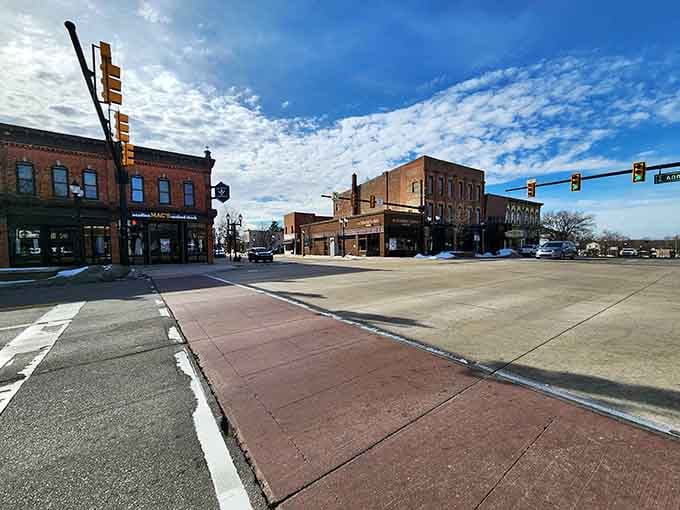 Downtown Saline's brick-paved streets invite you to slow down and actually notice where you're walking for once.