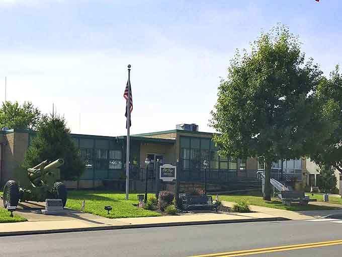 The Veterans Memorial stands proud in a town where patriotism and pizza passion run equally deep.