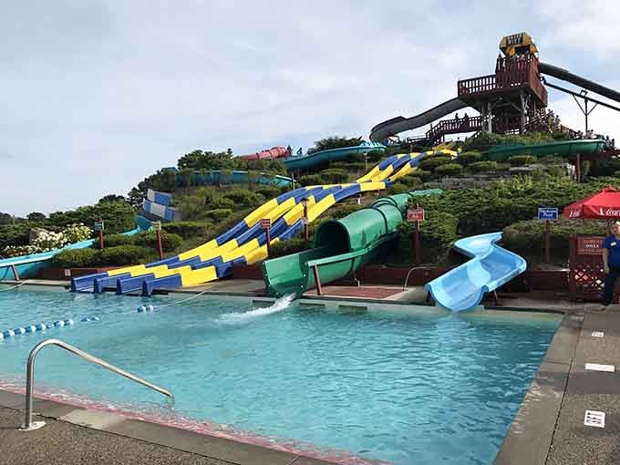 A kaleidoscope of water slides cascading into crystal-blue pools&mdash;summer vacation goals achieved in one spectacular view.