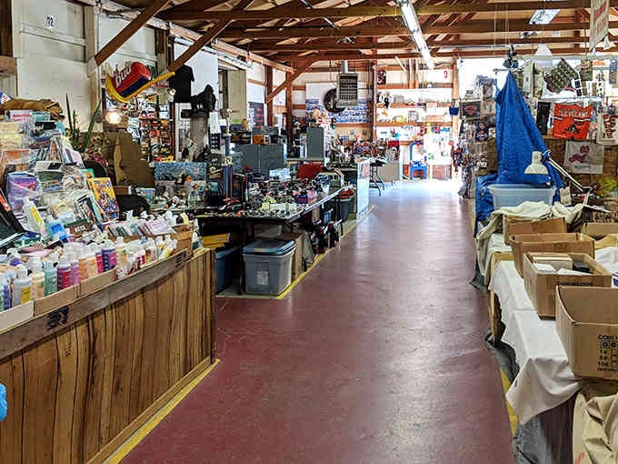 Inside, the hunt continues under exposed beams where collectibles and everyday finds create their own organized chaos.
