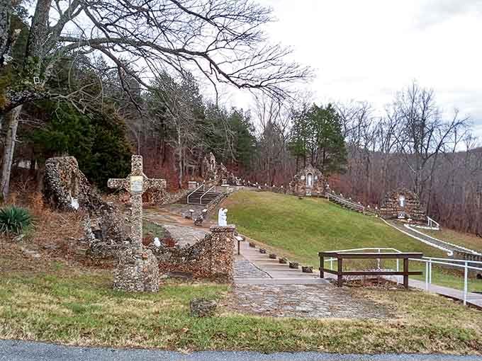 Stone crosses and grottos cascade down the hillside like a spiritual treasure map waiting to be explored.