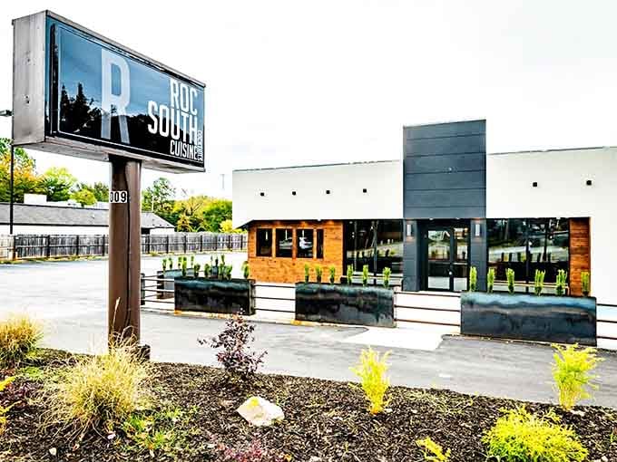 That modern exterior isn't fooling anyone, this place is serving up serious soul food behind those sleek walls.