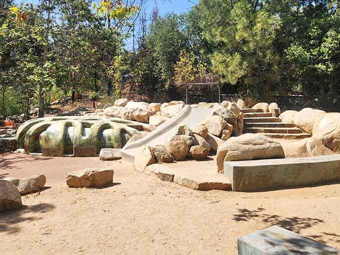A slide built into actual boulders beats plastic playground equipment every single time, no contest.