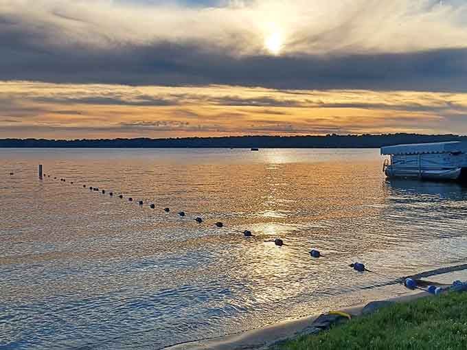 Golden hour transforms Rock Lake into liquid amber, proving Wisconsin sunsets rival anything you'd find on a postcard.