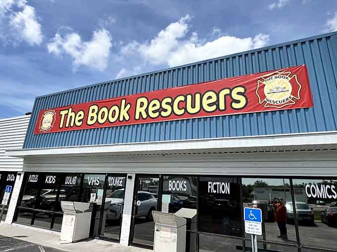 That blue and red sign isn't just announcing a bookstore, it's declaring a full-scale literary rescue operation.
