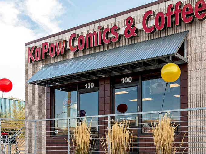 That bold red signage isn't just announcing a comic shop&mdash;it's declaring a revolution in caffeine delivery systems.