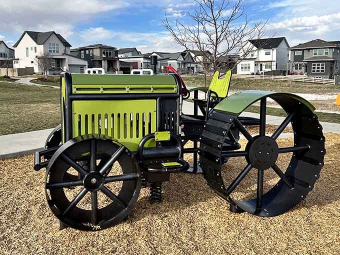 Farm-themed playground equipment meets suburban Colorado in the most unexpectedly delightful way imaginable.
