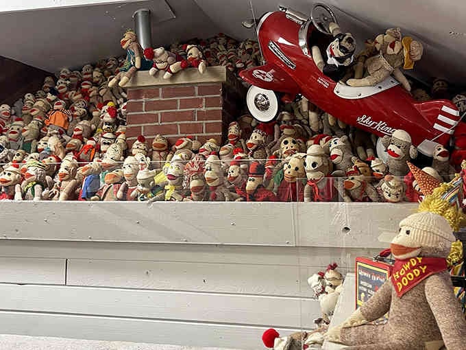 Even that vintage red plane can't escape the monkey madness, surrounded by hundreds of sock friends in pure nostalgic chaos.