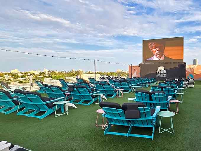 These turquoise loungers are so comfortable, you might forget there's actually a movie playing behind you.