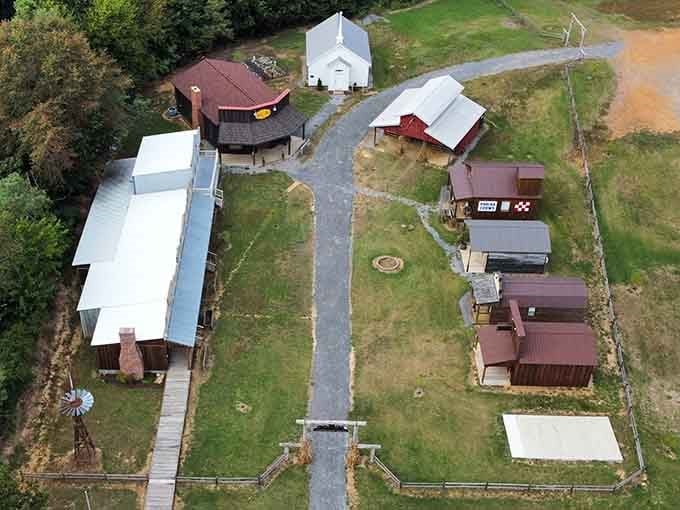 From above, this Old West town looks like someone's incredibly detailed model railroad came to life.