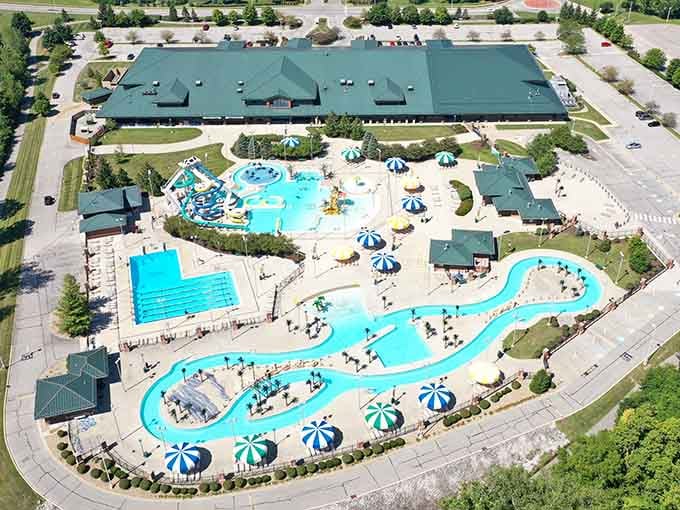 From above, this aquatic wonderland looks like someone airlifted a tropical resort and dropped it in Indiana.