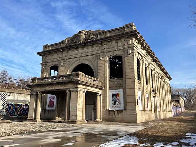 The grand facade still commands respect, even with nature slowly reclaiming what humans built with such confidence.