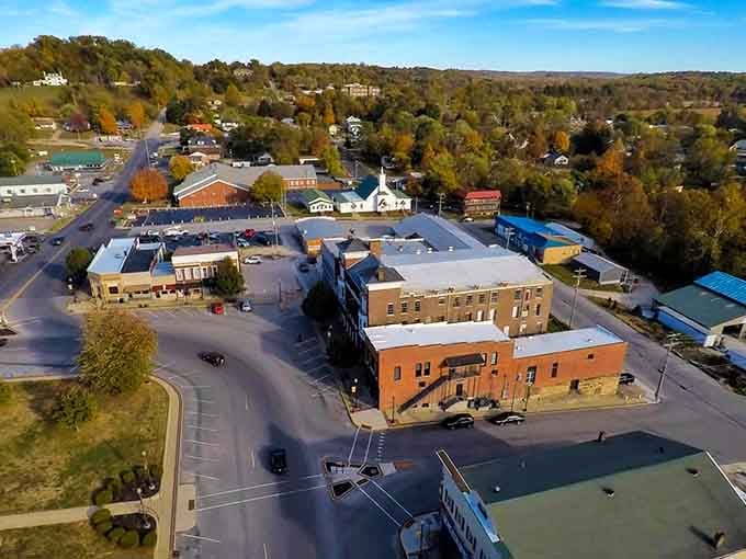 From above, you can see how the town nestles into those southern Indiana hills like it belongs there.