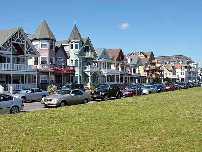 Victorian homes lined up like a pastel parade proving that architectural excess can absolutely be a good thing.