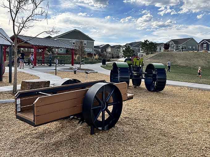 Rustic charm meets modern play structures in this wonderfully themed neighborhood gathering spot.