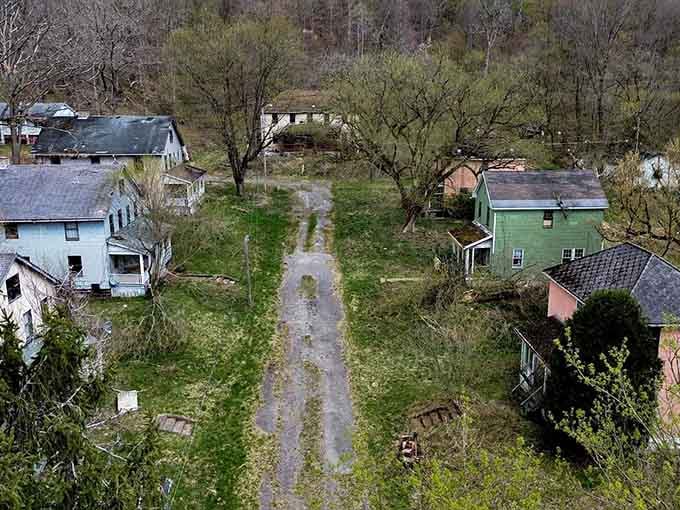 From above, Yellow Dog Village reveals its eerie grid of forgotten dreams and overgrown memories.
