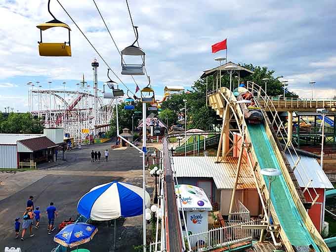 The whole park spreads out below in a glorious jumble of rides, slides, and endless possibilities.
