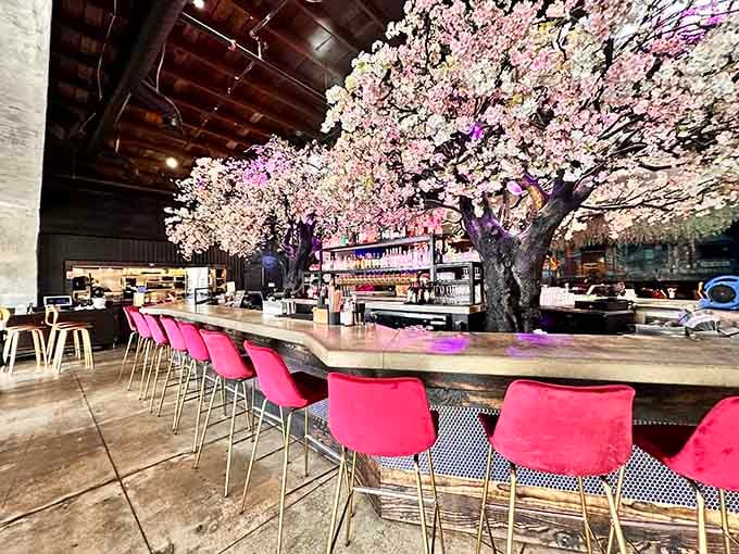 That cherry blossom canopy overhead isn't a screensaver, it's your actual dining room for the evening.