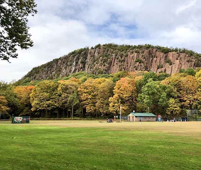 That ridge rising behind the autumn trees looks like nature decided to build its own skyscraper, complete with dramatic lighting.