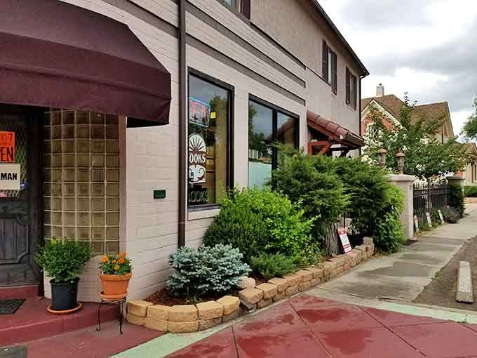 Potted flowers frame the entrance like nature's way of saying even bookstores deserve a little curb appeal.