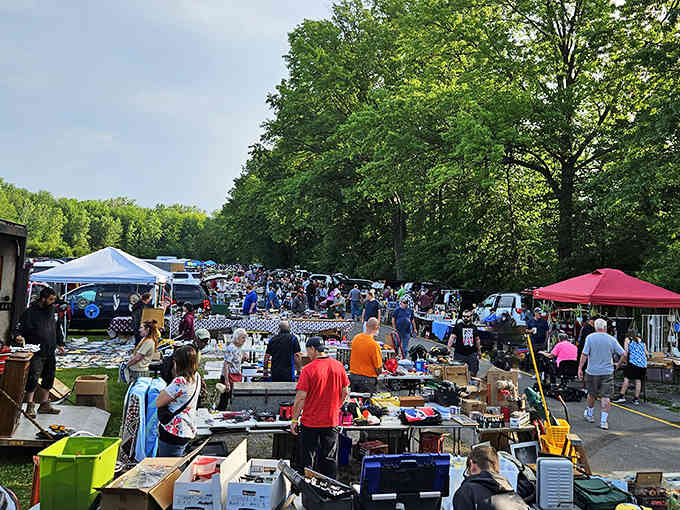 The outdoor market sprawls like a treasure map come to life, where every table promises discovery.