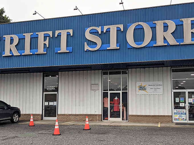 That blue sign isn't just marking a store, it's announcing the entrance to bargain hunter's paradise in Taylors.