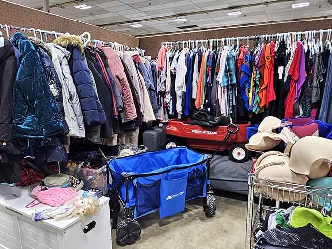 Winter coats, vintage jackets, and a little red wagon, proving that variety isn't just the spice of life here.