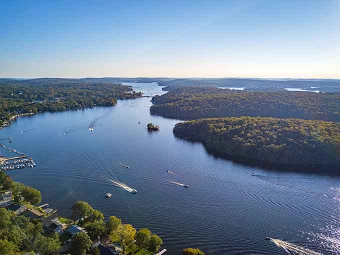 From above, New Jersey's largest lake spreads out like liquid silver, proving paradise doesn't require a plane ticket.