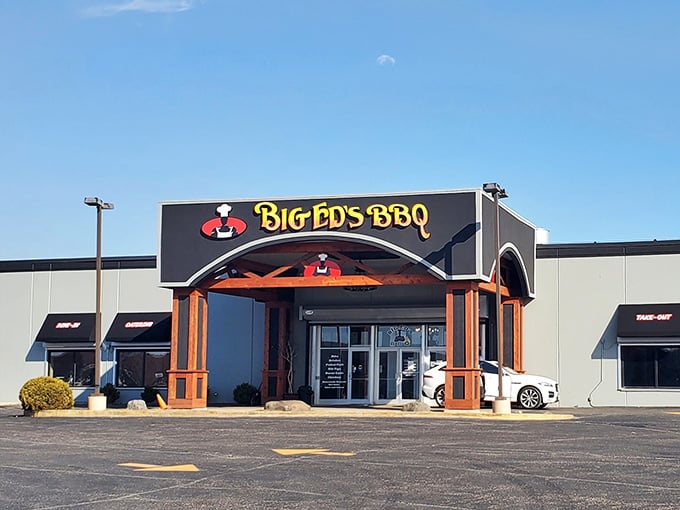 The wooden archway frames an entrance to barbecue bliss, where parking lot dreams become delicious reality.