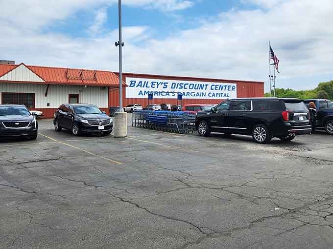 That full parking lot tells you everything: people drive from multiple states to reach America's self-proclaimed Bargain Capital.
